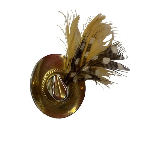 Vintage | Jewelry | Vintage Western Hat Brooch With Feather Gold Tone ...